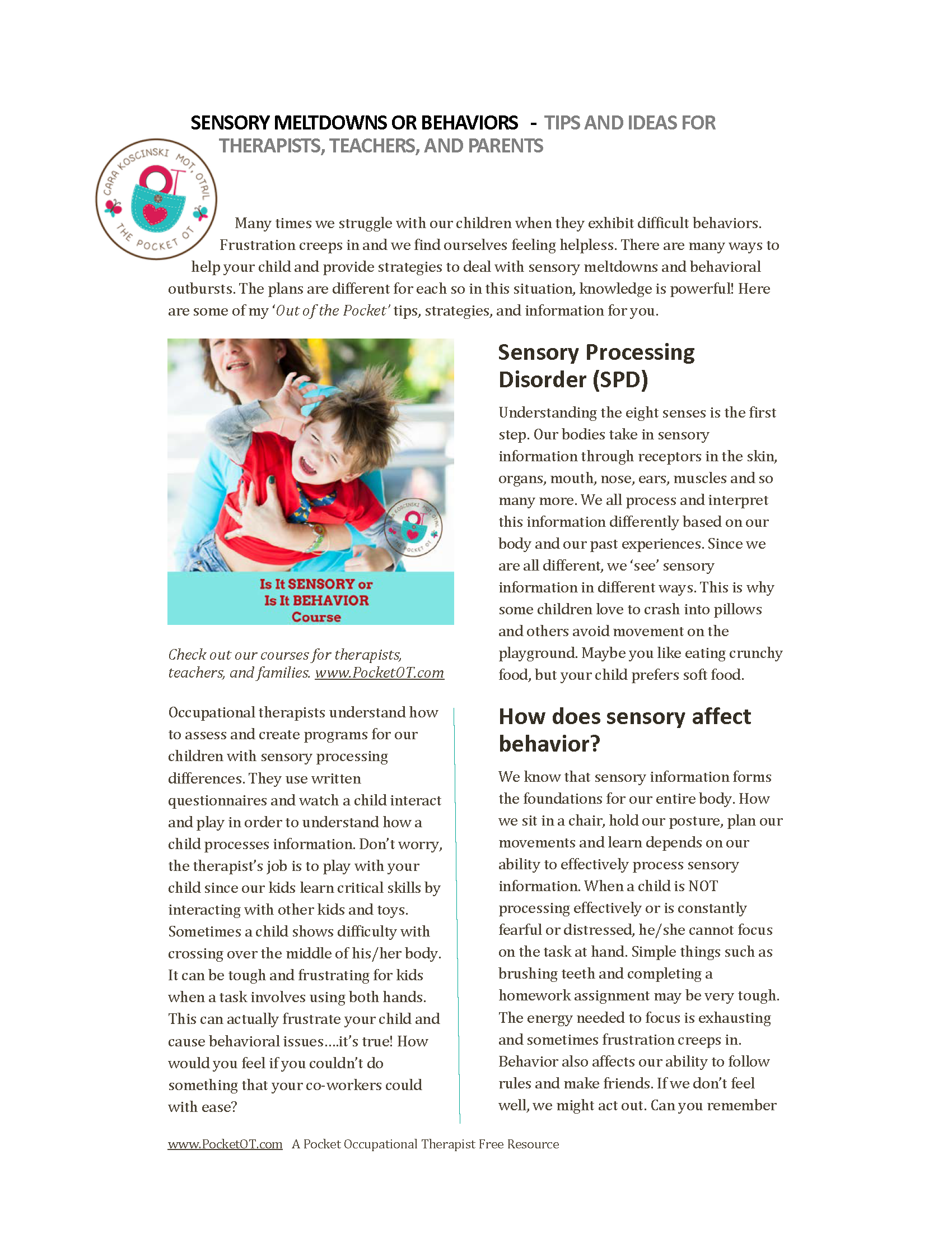 Is It Sensory or Is It Behavior FREE Handout - The Therapeutic Edge ...